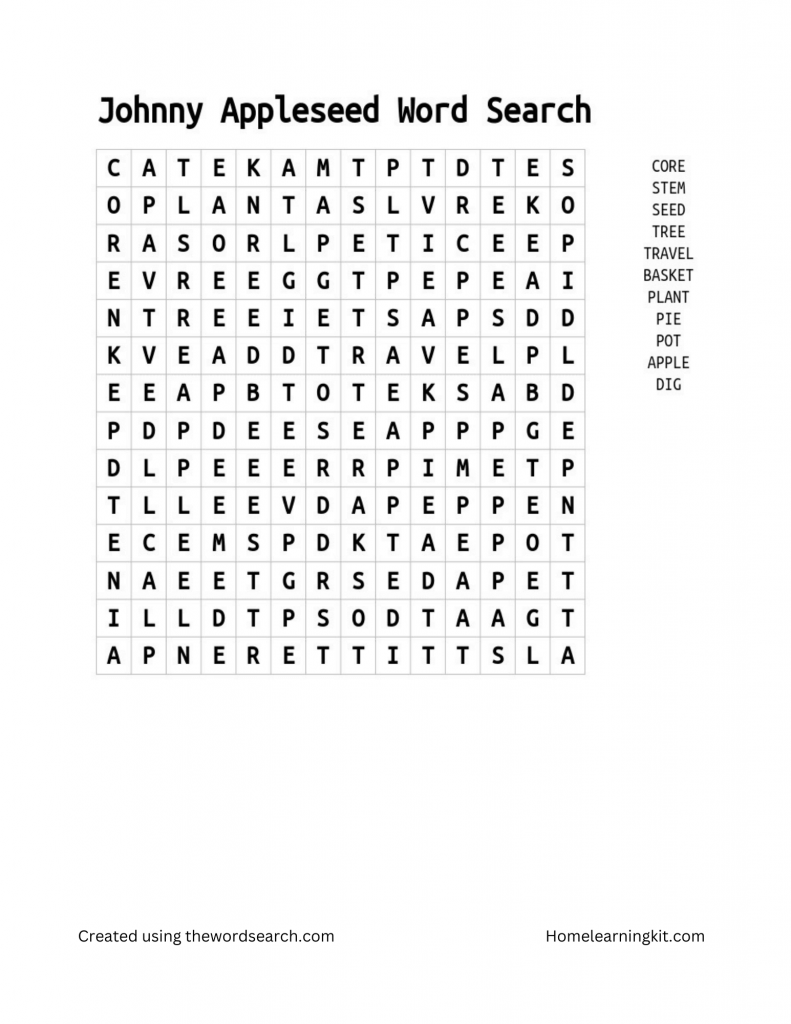 Johnny Appleseed Word Search - Free Printable - Home Learning Kit