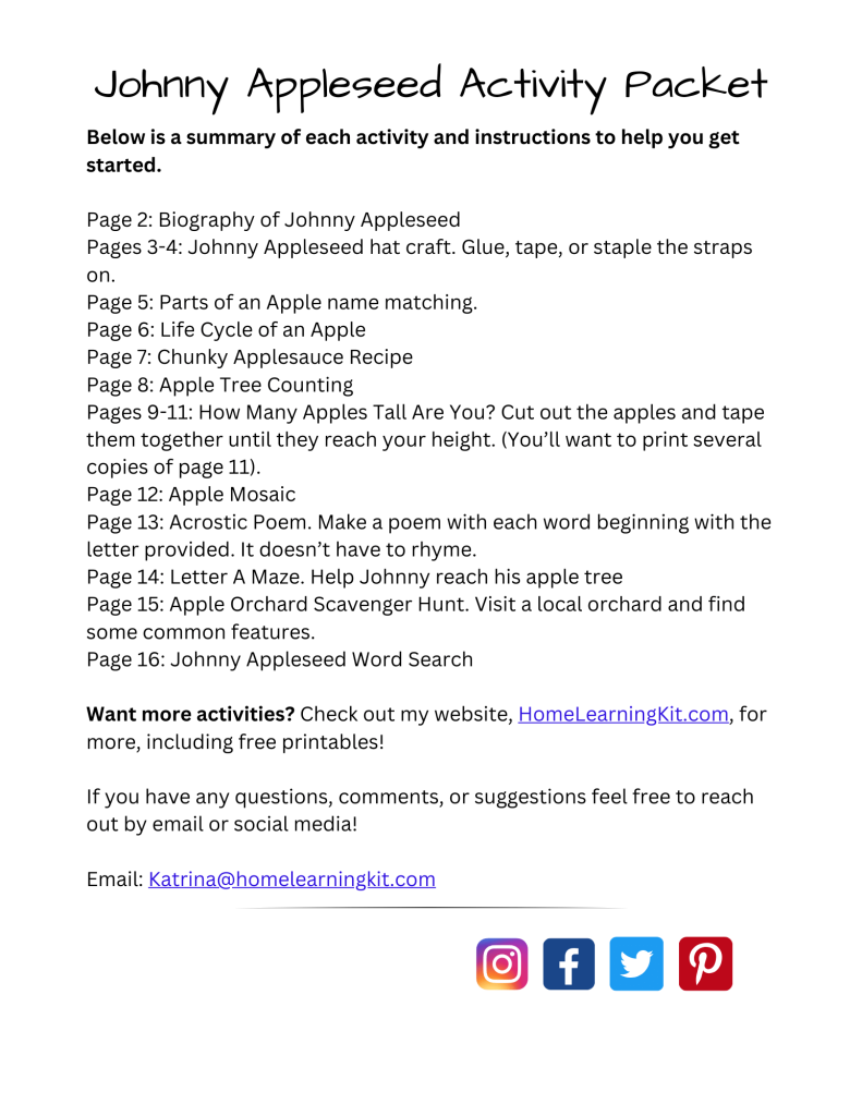 Johnny Appleseed Activity Packet - Home Learning Kit