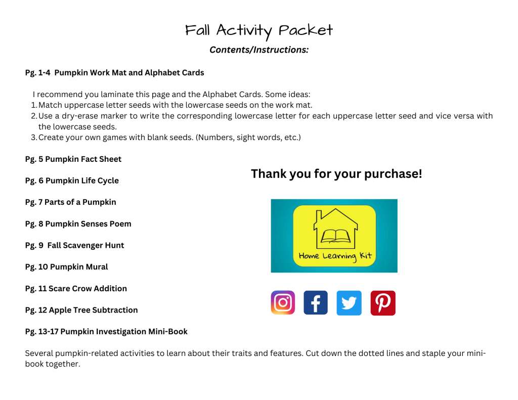 Fall Activity Packet - Home Learning Kit