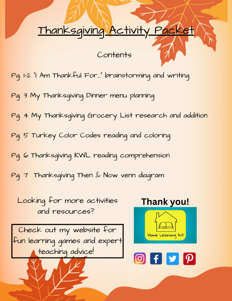Thanksgiving Activity Packet - Home Learning Kit